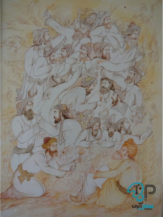 تابلو نقاشی تکنیک آبرنگ و گواش از اشعار سعدی مداد آبی